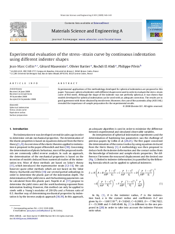 (PDF) Experimental evaluation of the stress–strain curve by continuous indentation using ...