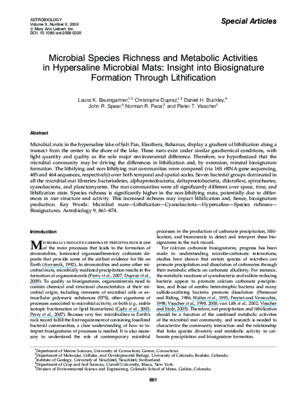 (PDF) Microbial Species Richness and Metabolic Activities in Hypersaline Microbial Mats: Insight ...