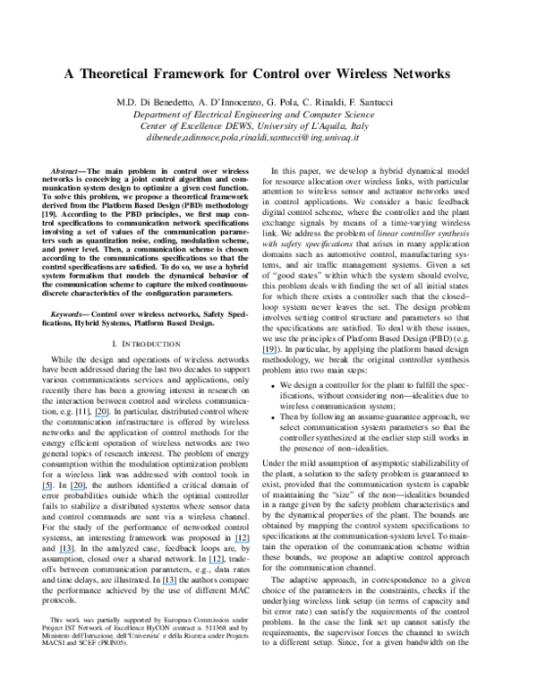 Pdf A Theoretical Framework For Control Over Wireless Networks