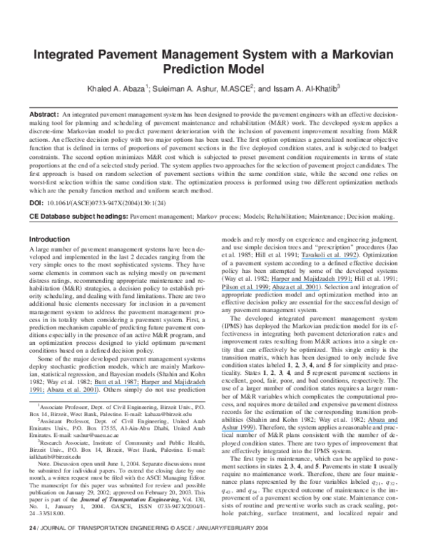 (PDF) Integrated Pavement Management System with a Markovian Prediction Model