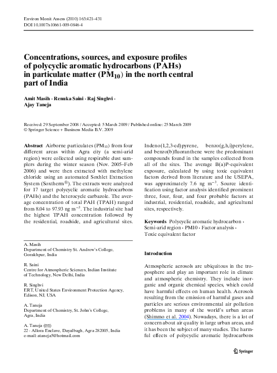 (PDF) Concentrations, sources, and exposure profiles of polycyclic aromatic hydrocarbons (PAHs ...
