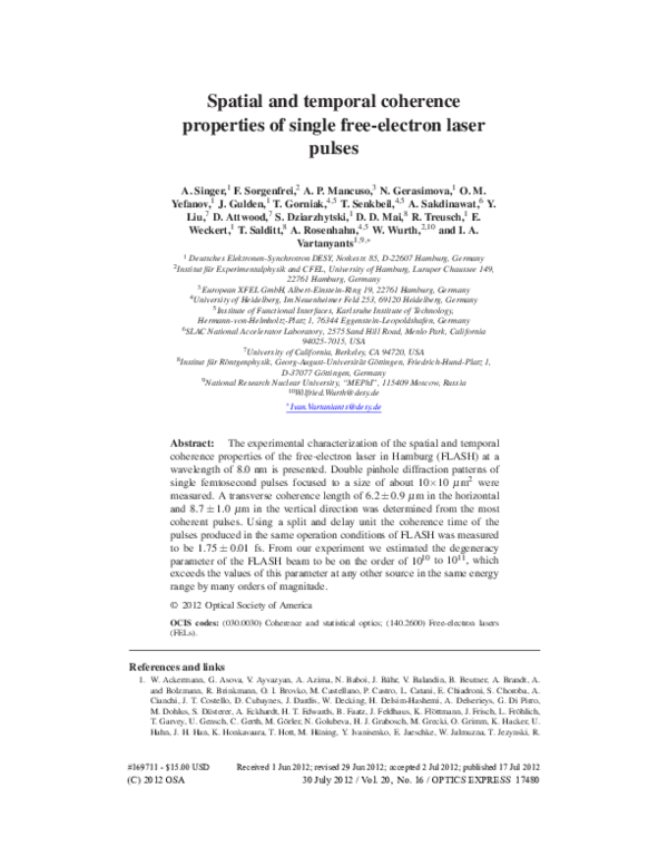 Pdf Spatial And Temporal Coherence Properties Of Single Free Electron Laser Pulses