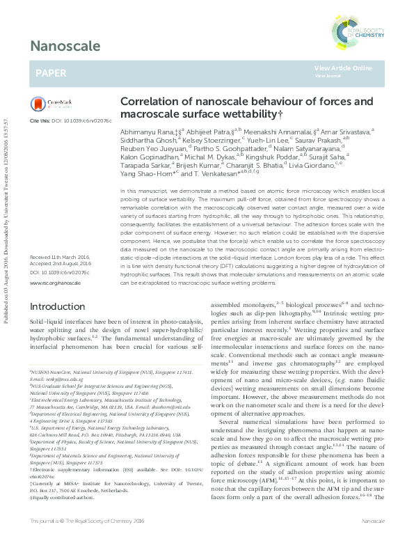 (PDF) Correlation of nanoscale behaviour of forces and macroscale surface wettability