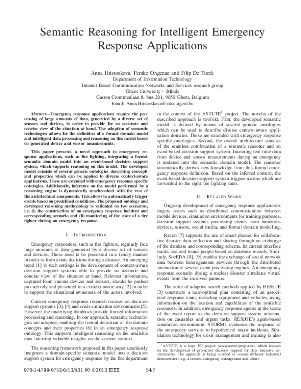 (PDF) Semantic reasoning for intelligent emergency response applications