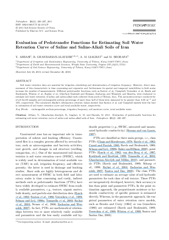 (PDF) Evaluation of Pedotransfer Functions for Estimating Soil Water Retention Curve of Saline ...
