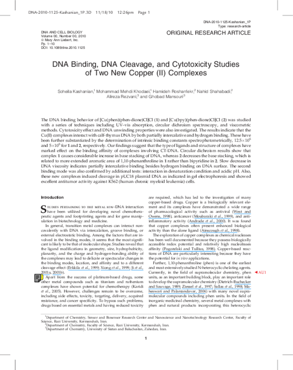 (PDF) DNA binding, DNA cleavage and cytotoxicity studies of a new water soluble copper(II ...