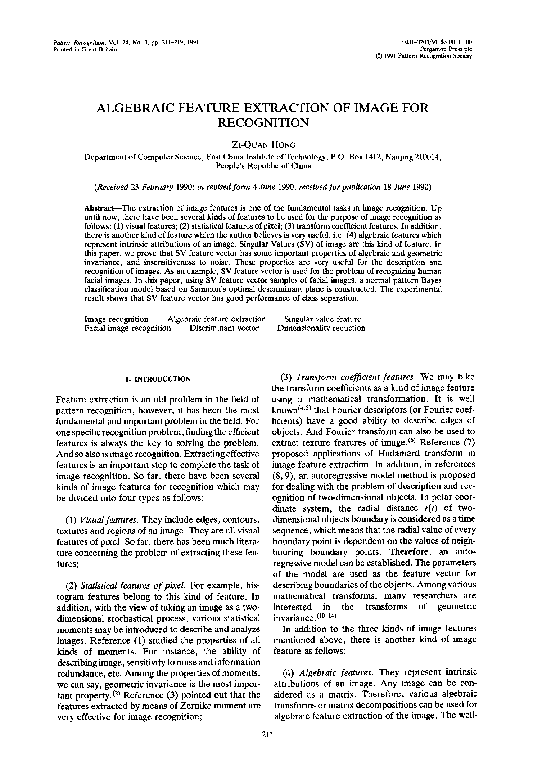(PDF) Algebraic feature extraction of image for recognition