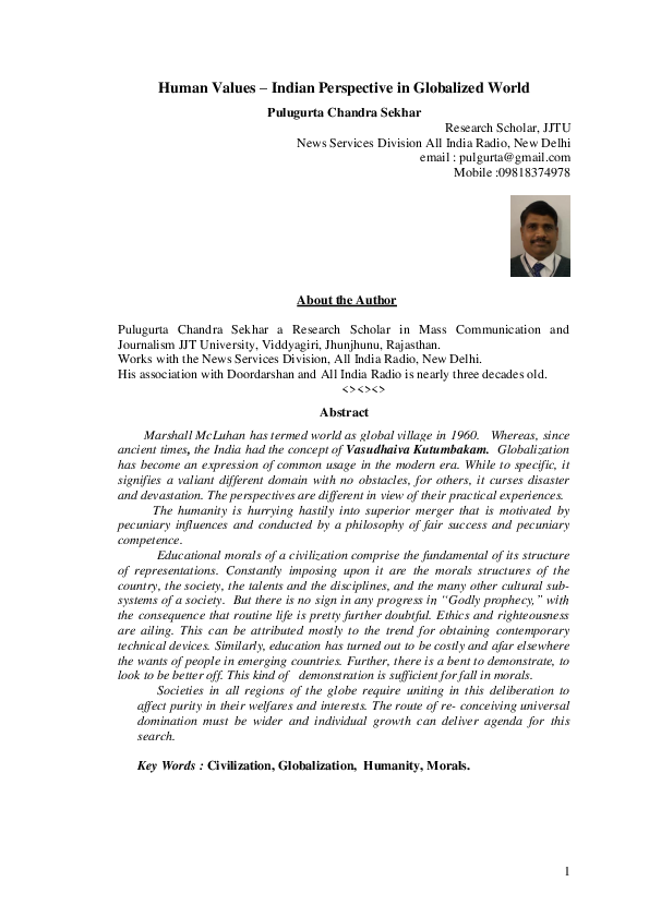 (PDF) Human Values – Indian Perspective in Globalized World