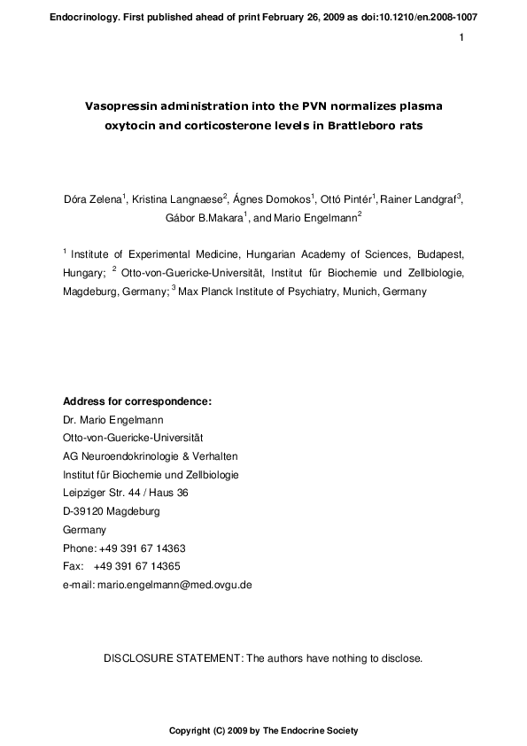 (PDF) Vasopressin Administration into the Paraventricular Nucleus Normalizes Plasma Oxytocin and ...