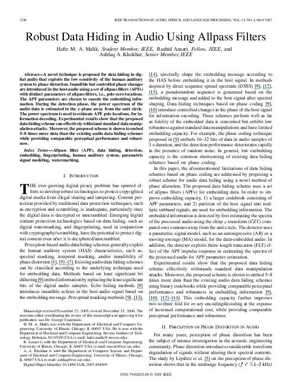 (PDF) Robust Data Hiding in Audio Using Allpass Filters