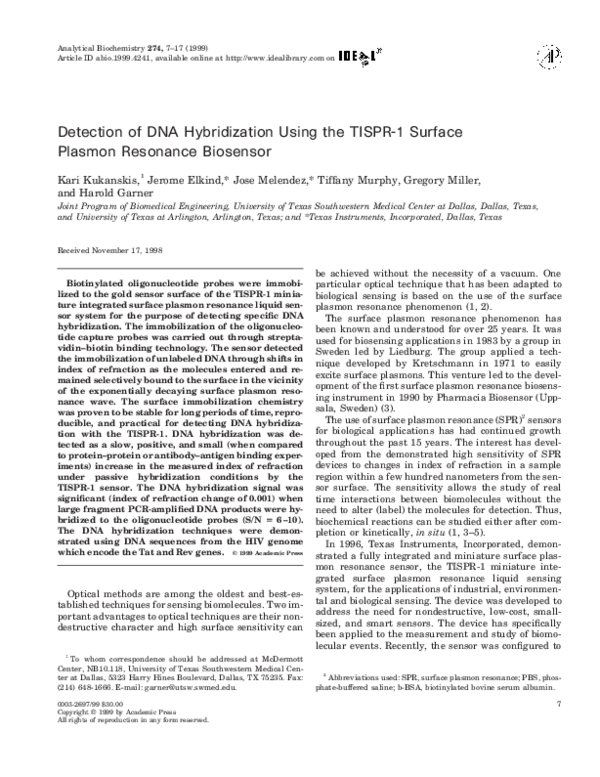 (PDF) Detection of DNA Hybridization Using the TISPR-1 Surface Plasmon Resonance Biosensor