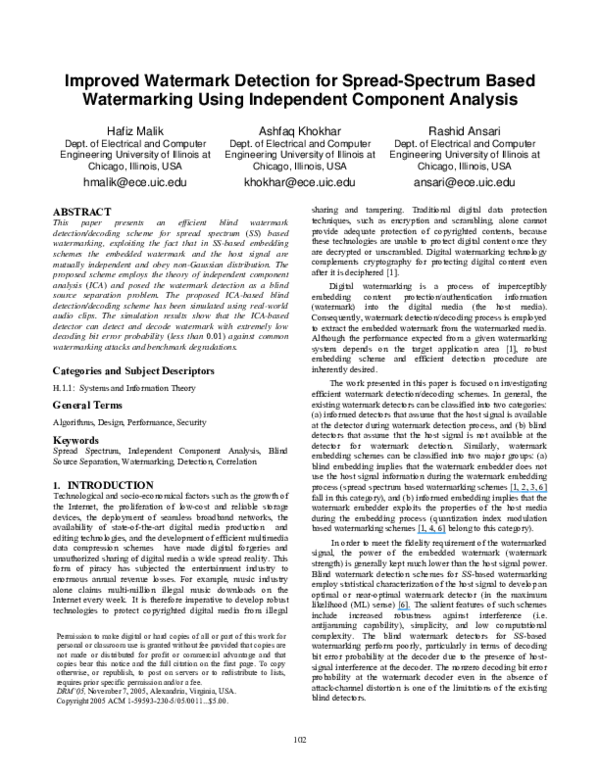 (PDF) Improved watermark detection for spread-spectrum based watermarking using independent ...