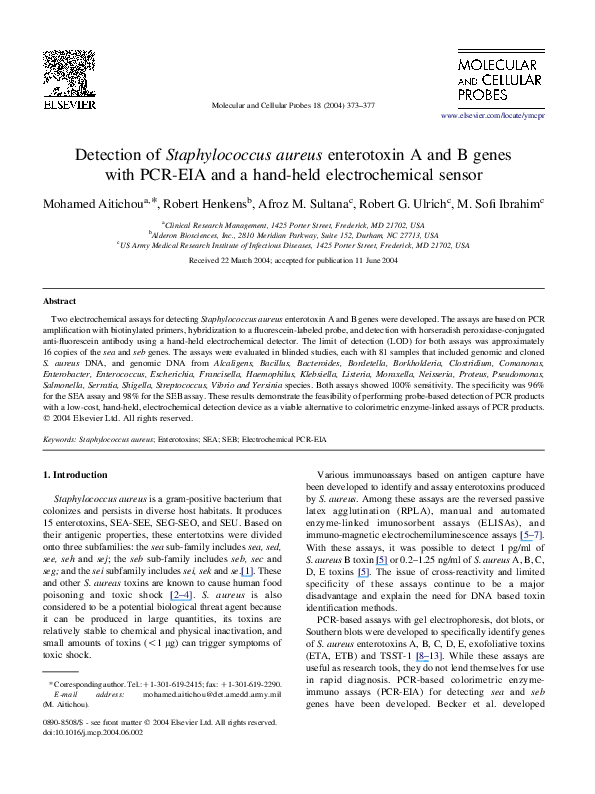 Pdf Detection Of Staphylococcus Aureus Enterotoxin B At Femtomolar