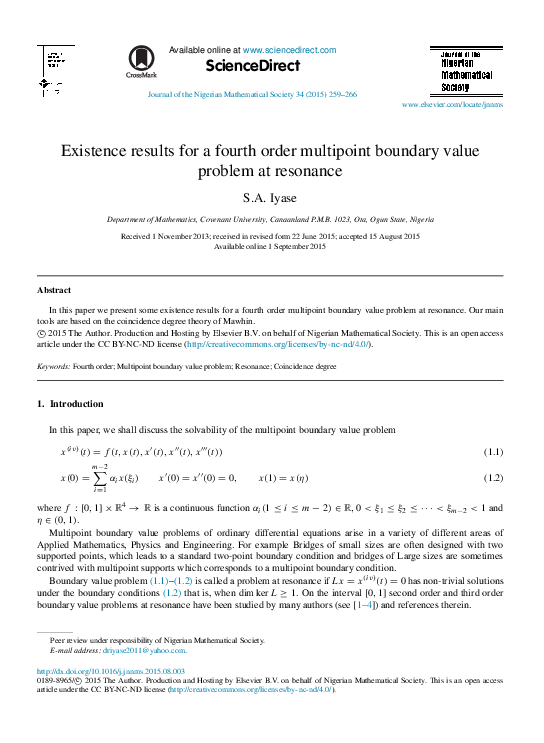 (PDF) Existence results for a fourth order multipoint boundary value problem at resonance