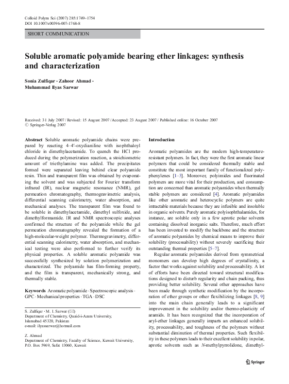 (PDF) Soluble aromatic polyamide bearing ether linkages: synthesis and ...