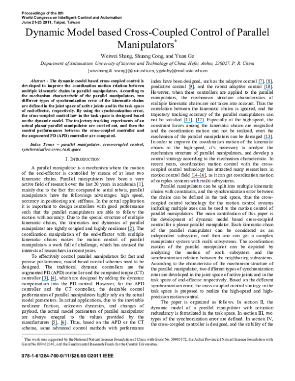 Pdf Dynamic Model Based Cross Coupled Control Of Parallel Manipulators
