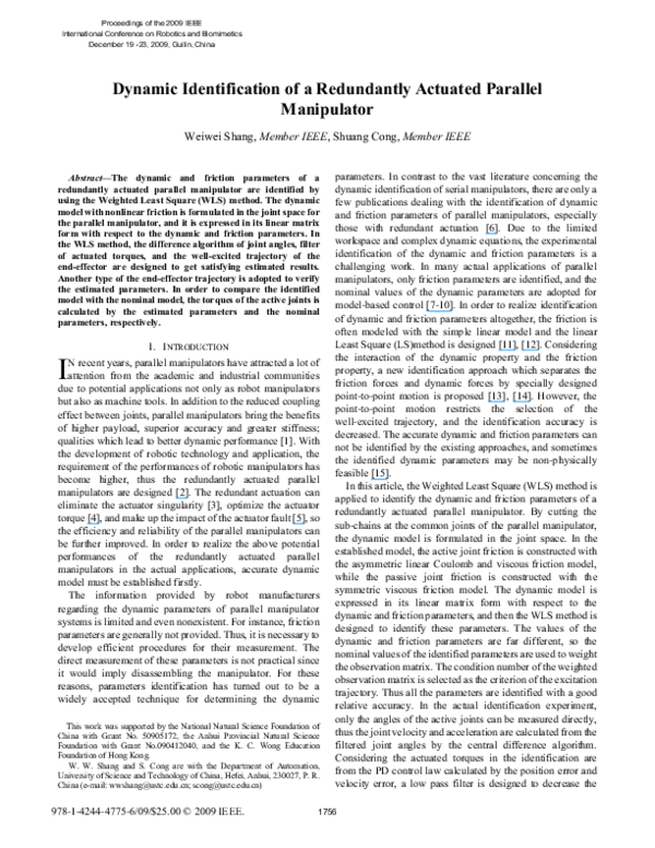 Pdf Dynamic Identification Of A Redundantly Actuated Parallel Manipulator