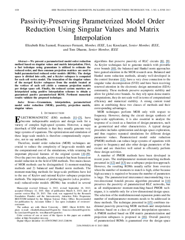 Pdf Passivity Preserving Parameterized Model Order Reduction Using Singular Values And Matrix