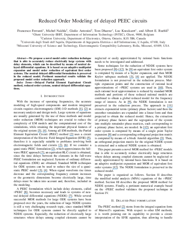 (PDF) Reduced order modeling of delayed PEEC circuits | L. Knockaert ...
