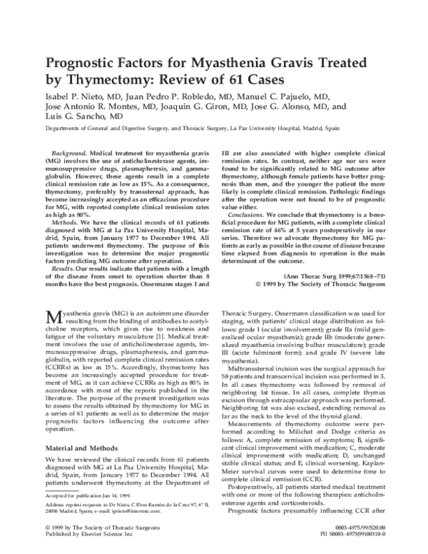 (PDF) Prognostic factors for myasthenia gravis treated by thymectomy: review of 61 cases