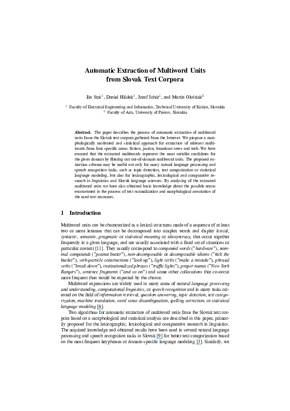 (PDF) Automatic extraction of multiword units from Slovak text corpora