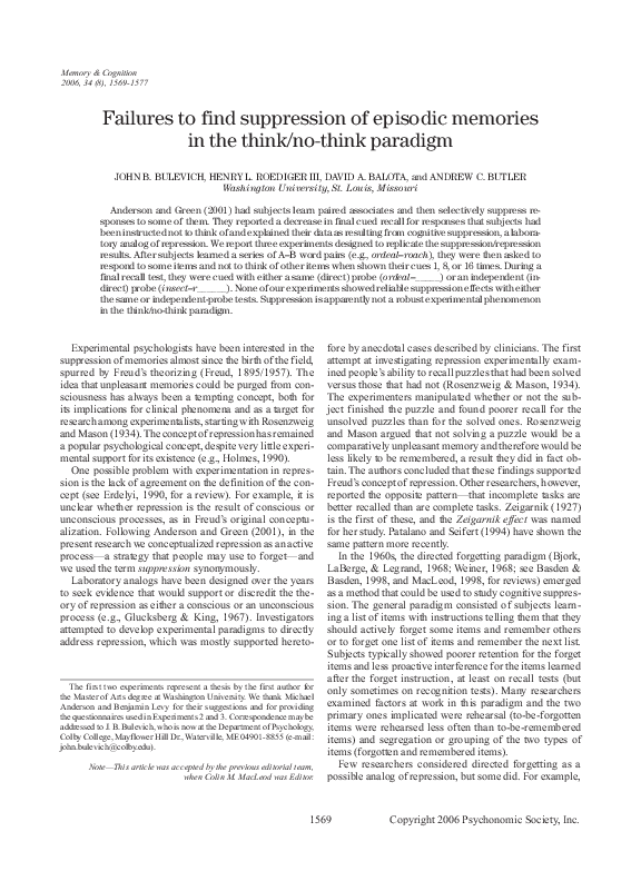 (PDF) Failures to find suppression of episodic memories in the think/no ...