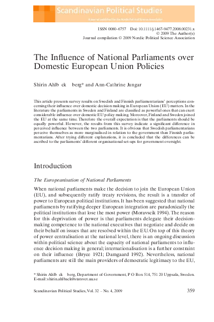 (PDF) The Influence of National Parliaments over Domestic European ...