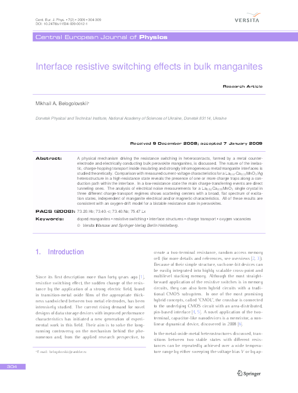 (PDF) Interface resistive switching effects in bulk manganites