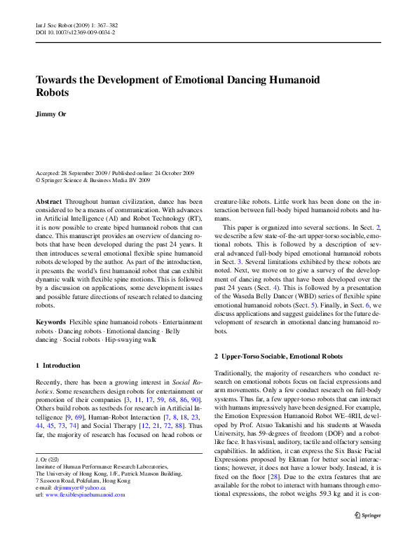 (PDF) Towards the Development of Emotional Dancing Humanoid Robots