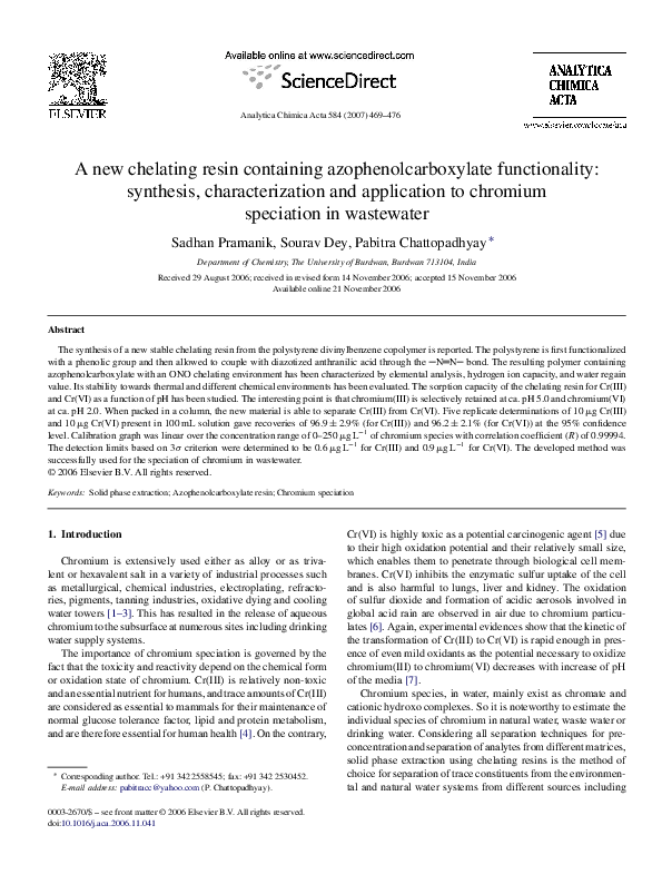 (PDF) A new chelating resin containing azophenolcarboxylate functionality: synthesis ...