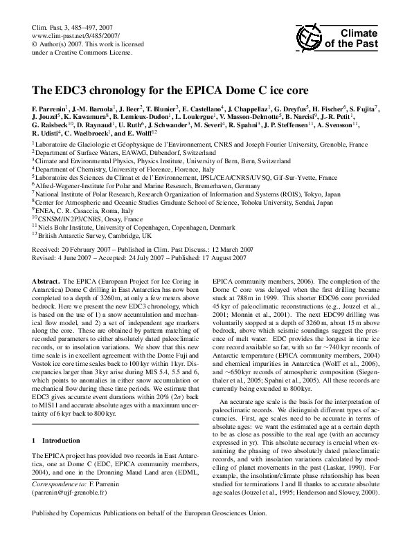 (PDF) The EDC3 chronology for the EPICA Dome C ice core