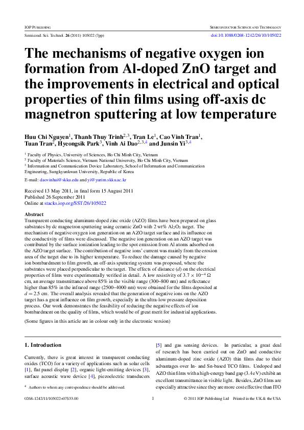 (PDF) The mechanisms of negative oxygen ion formation from Al-doped ZnO target and the ...