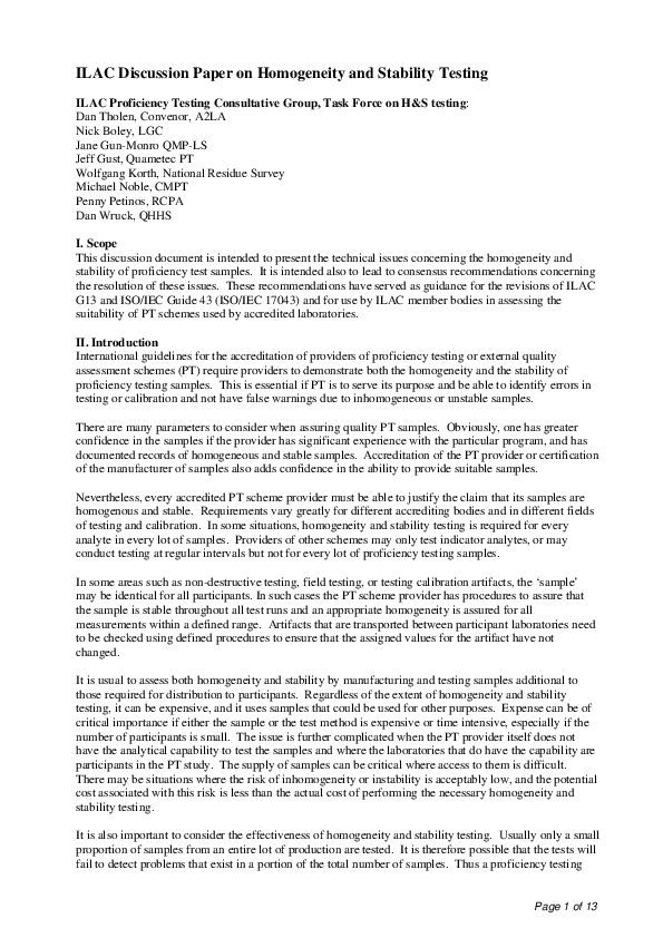(PDF) ILAC Discussion Paper on Homogeneity and Stability Testing