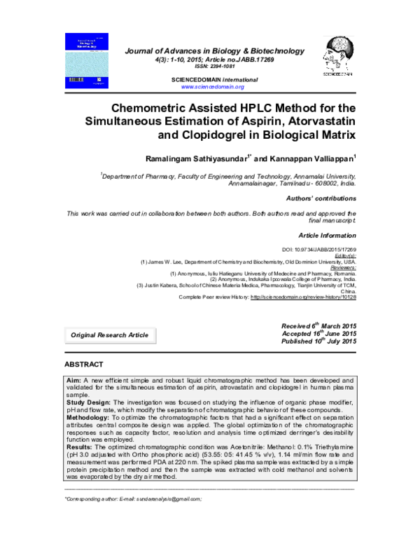 (PDF) Chemometric Assisted HPLC Method for the Simultaneous Estimation of Aspirin, Atorvastatin ...