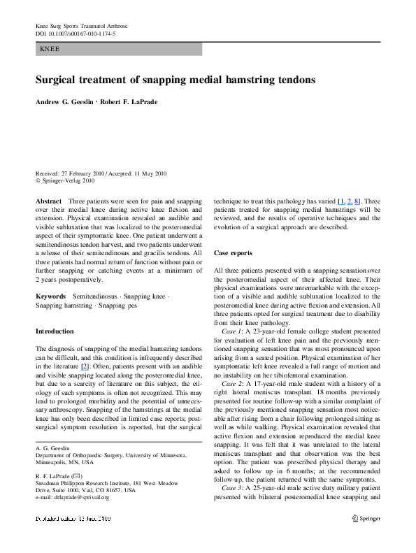 (PDF) Surgical treatment of snapping medial hamstring tendons