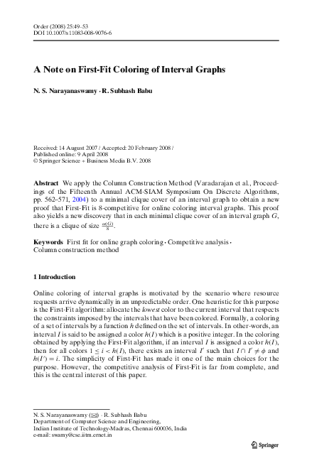Pdf A Note On First Fit Coloring Of Interval Graphs Subhash Babu