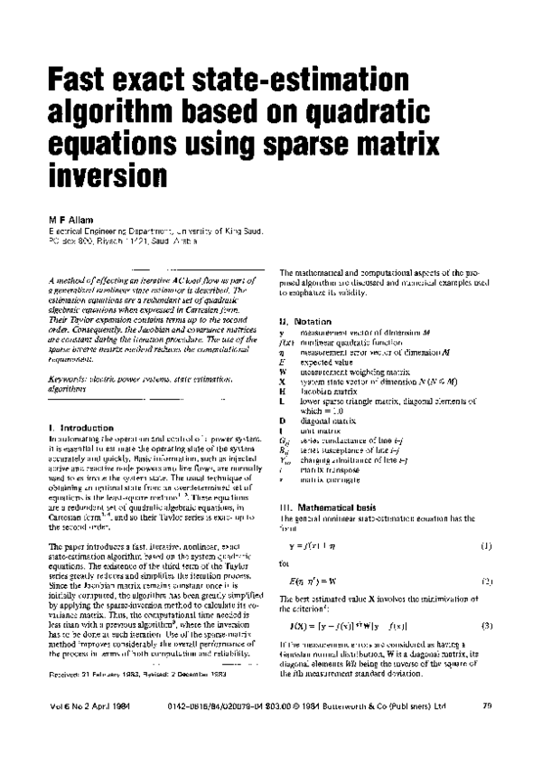 Pdf Fast Exact State Estimation Algorithm Based On Quadratic Equations Using Sparse Matrix