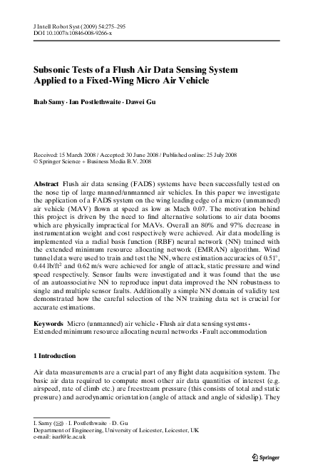 (PDF) Subsonic Tests of a Flush Air Data Sensing System Applied to a ...