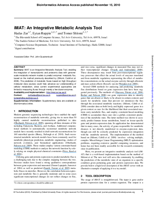 (PDF) iMAT: an integrative metabolic analysis tool