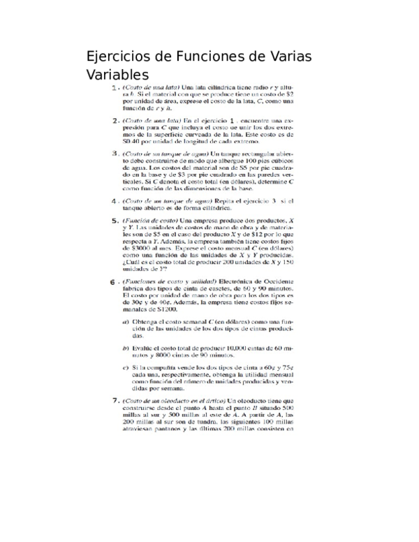 (DOC) Ejercicios de Funciones de Varias Variables