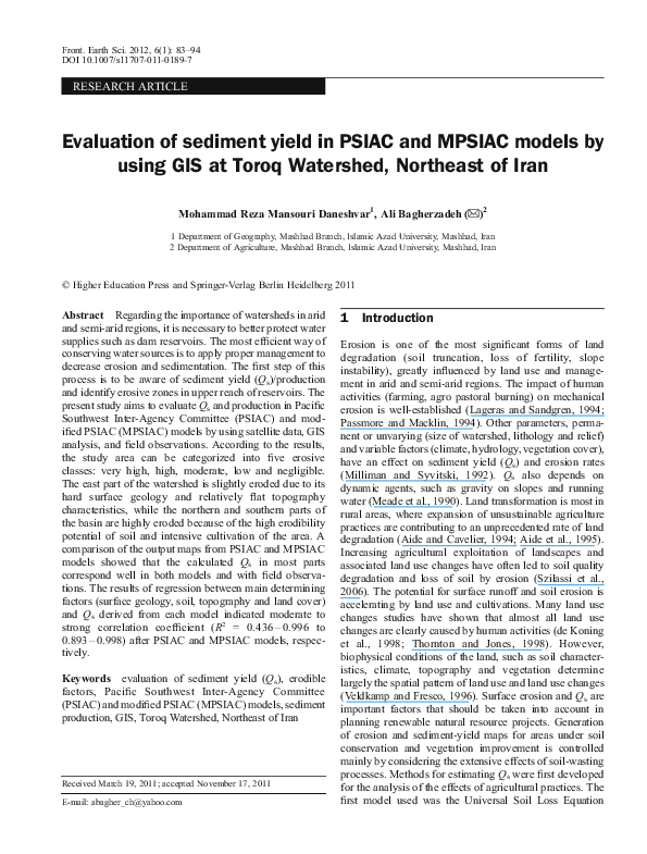 Pdf Evaluation Of Sediment Yield In Psiac And Mpsiac Models By Using