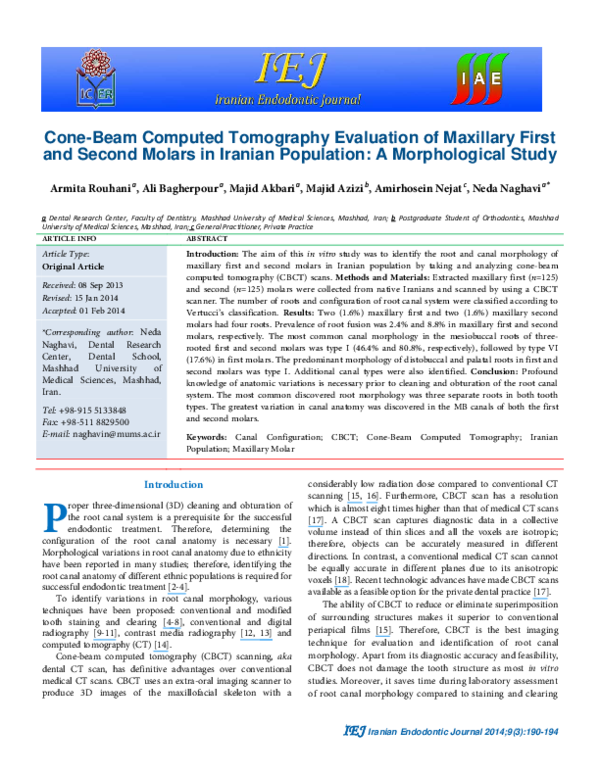 Pdf Cone Beam Computed Tomography Evaluation Of Maxillary First And Second Molars In Iranian