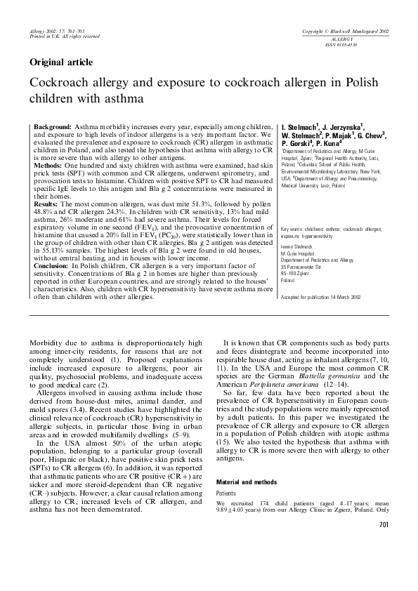 (PDF) Cockroach allergy and exposure to cockroach allergen in Polish ...