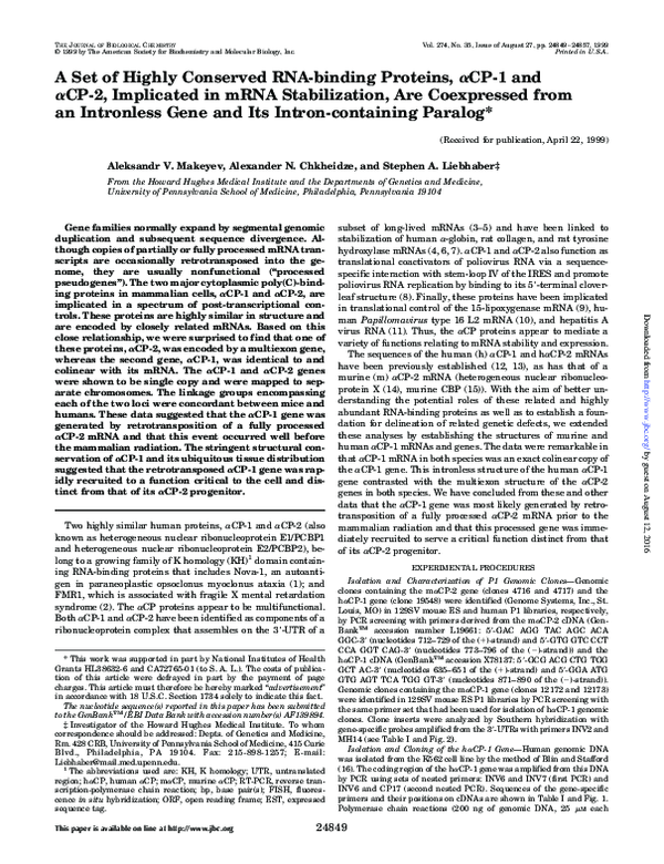 (PDF) A Set of Highly Conserved RNA-binding Proteins, alpha CP1 and ...