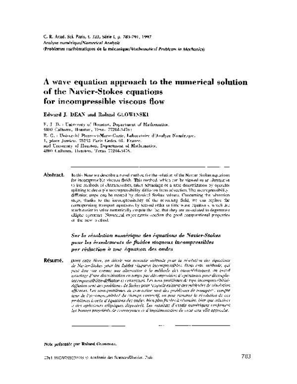 (PDF) A wave equation approach to the numerical solution of the Navier-Stokes equations for ...