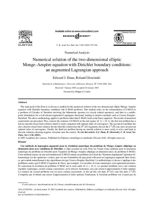 Pdf Numerical Solution Of The Two Dimensional Elliptic Monge Ampère Equation With Dirichlet