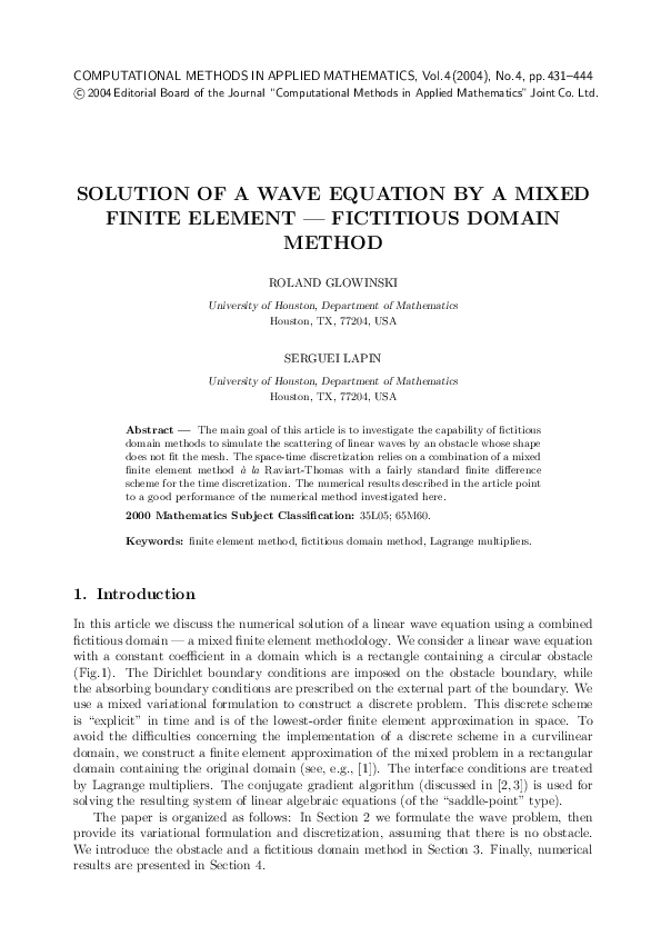 (PDF) Solution of a wave equation by a mixed finite element-fictitious domain method