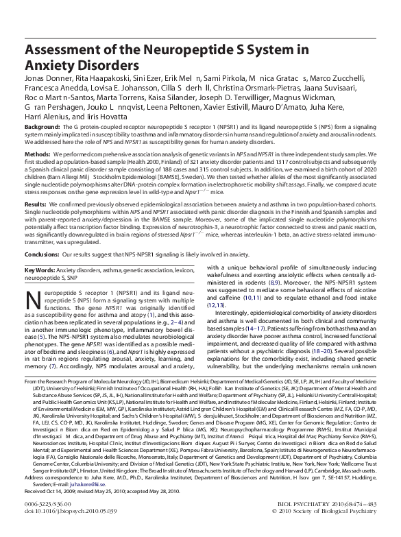 (PDF) Assessment of the Neuropeptide S System in Anxiety Disorders ...