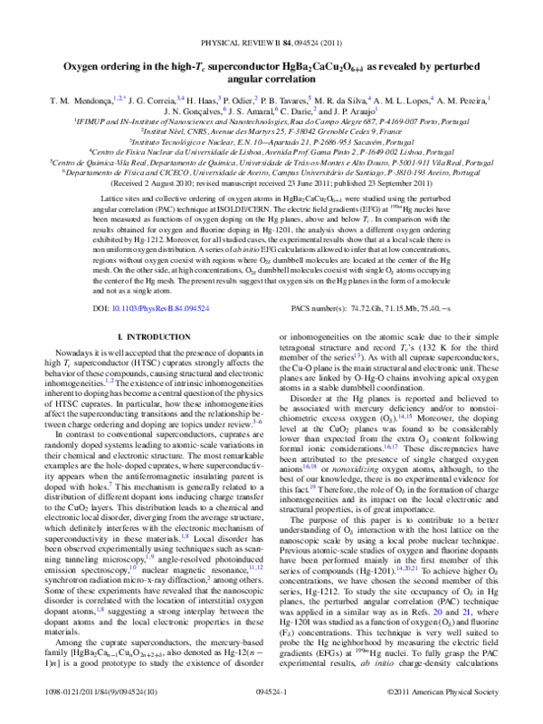 (PDF) Oxygen ordering in the high-Tc superconductor HgBa2CaCu2O6+delta as revealed by perturbed ...