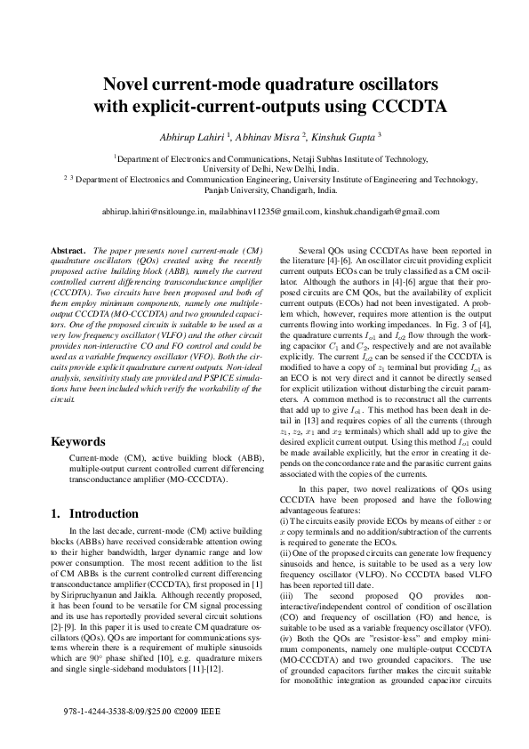 (PDF) Novel current-mode quadrature oscillators with explicit-current-outputs using CCCDTA